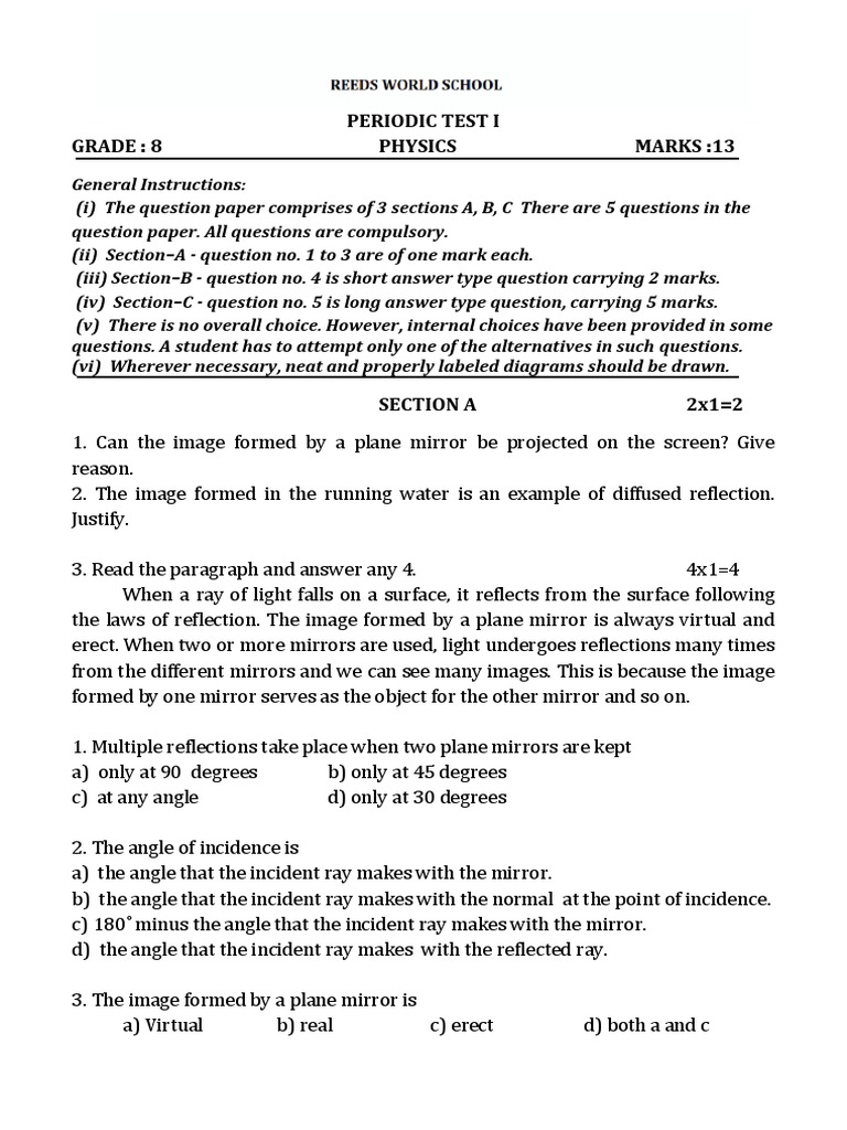 Grade 8 Physics Periodic Test I | PDF | Mirror | Reflection (Physics)