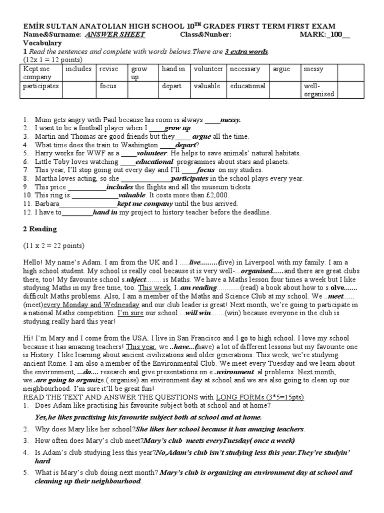 10th Grade Exam: Emir Sultan High School | PDF | Sports & Recreation ...