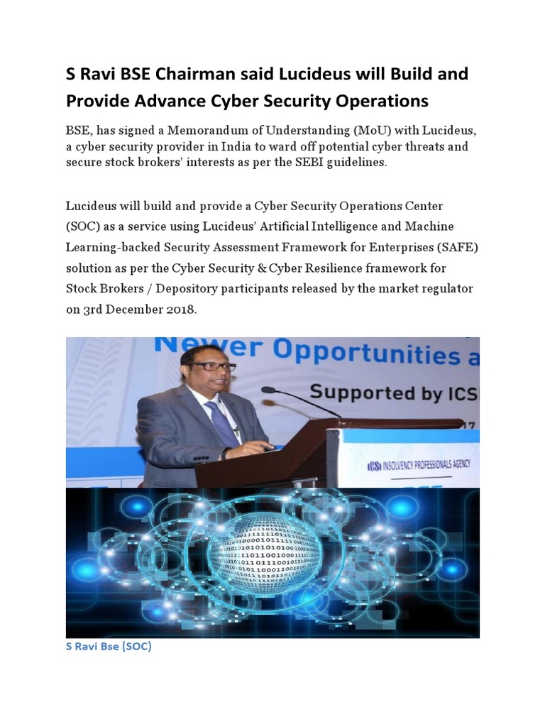 S Ravi BSE Chairman Said Lucideus Will Build and Provide Advance Cyber ...