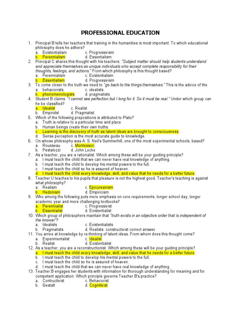 1 Profed With Highlighted Ans | PDF | Classroom Management | Id