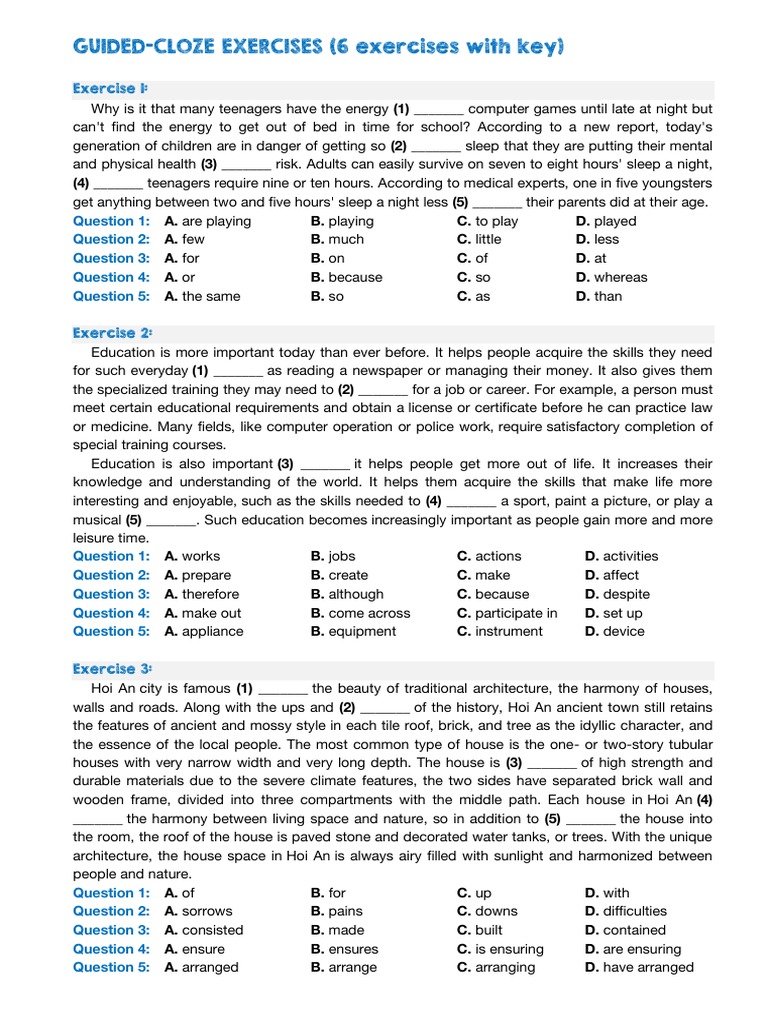 GUIDED-CLOZE EXERCISES (6 Exercises With Key) : Exercise 1 | PDF ...