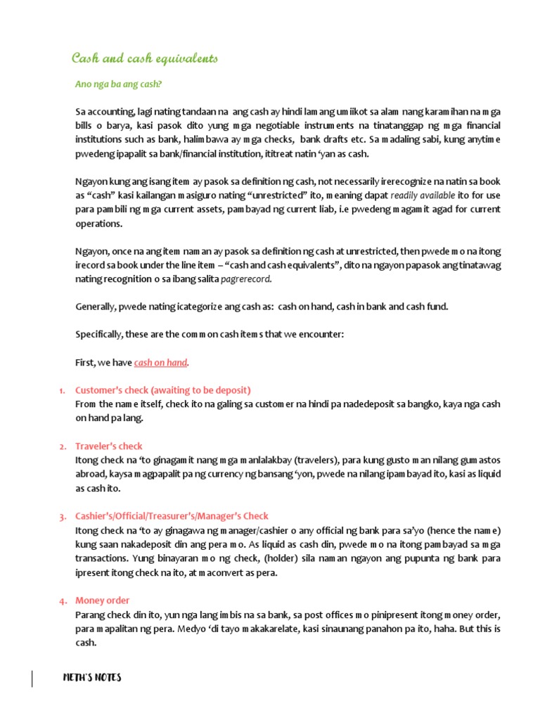 Cash and Cash Equivalents Notes | PDF