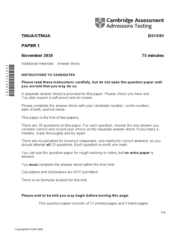 Tmua/Ctmua D513/01 Paper 1 November 2020 75 Minutes | PDF | Equations ...
