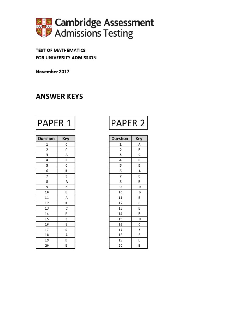 Test of Mathematics For University Admission 2017 Answer Keys ...