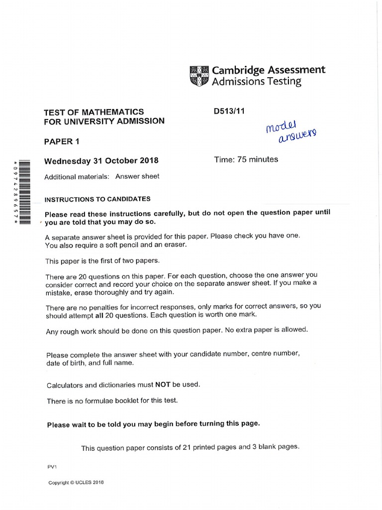 Test of Mathematics For University Admission 2018 Paper 1 Hand Written ...