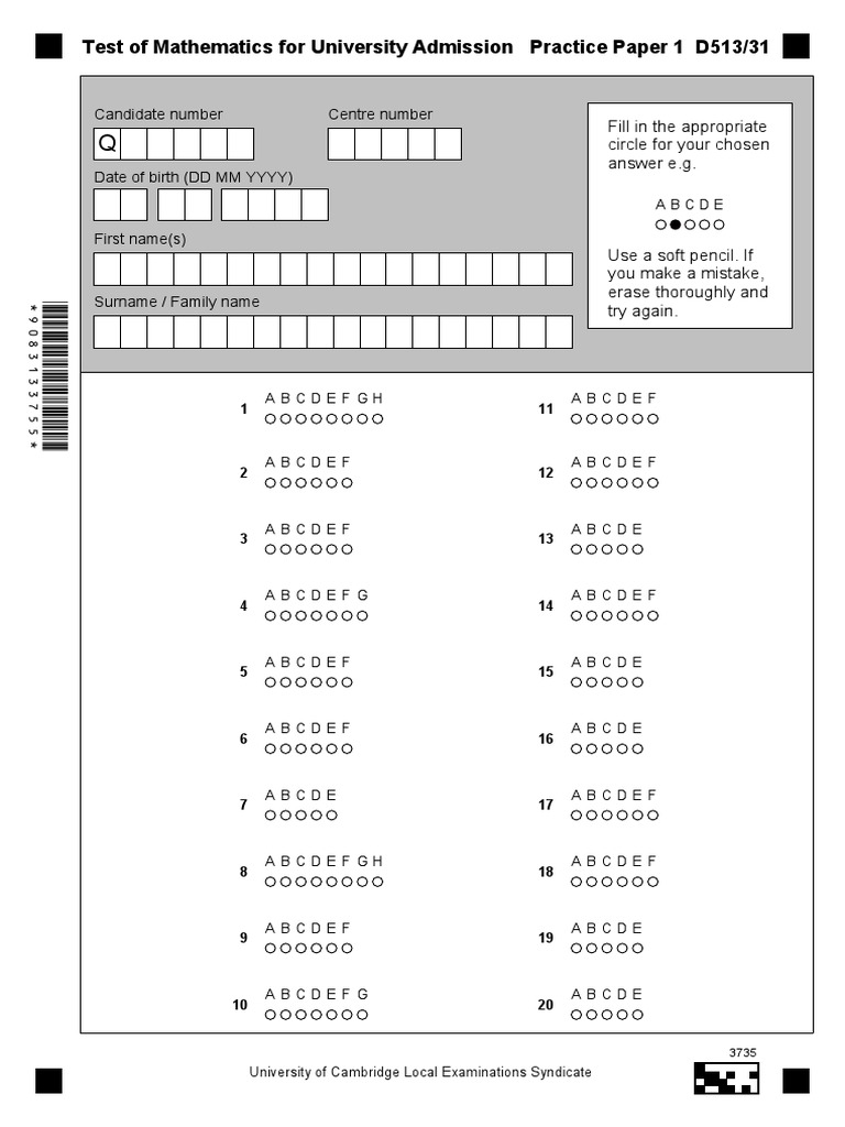 Test of Mathematics For University Admission 2016 Specimen Paper Paper ...