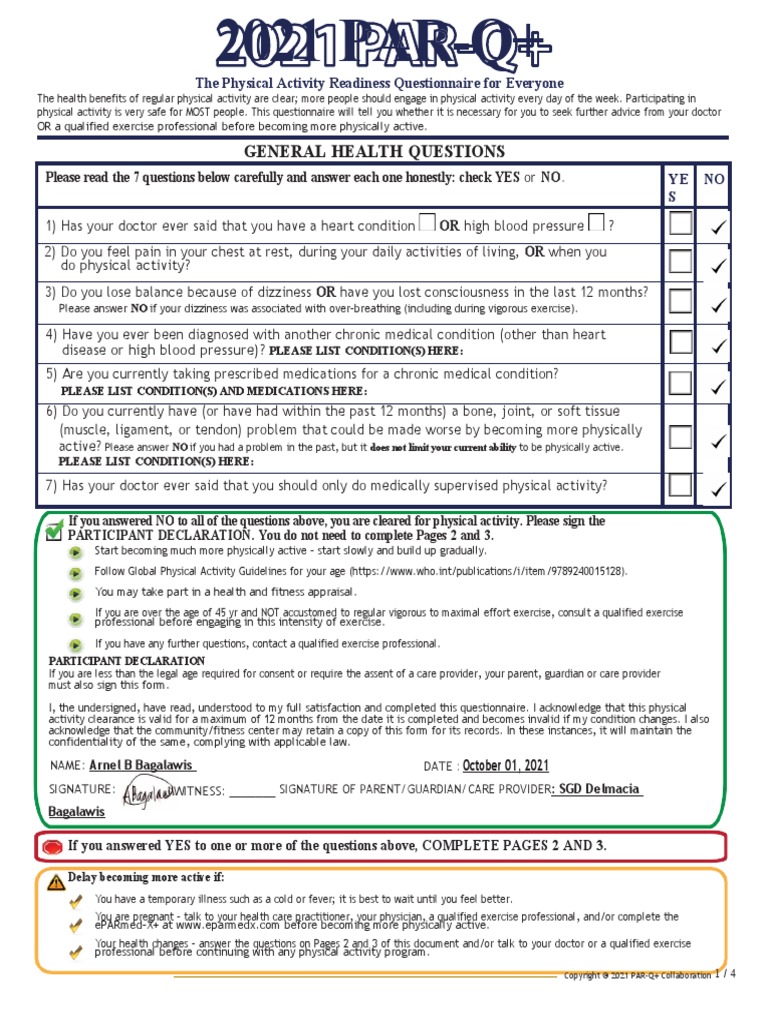 General Health Questions: The Physical Activity Readiness Questionnaire ...
