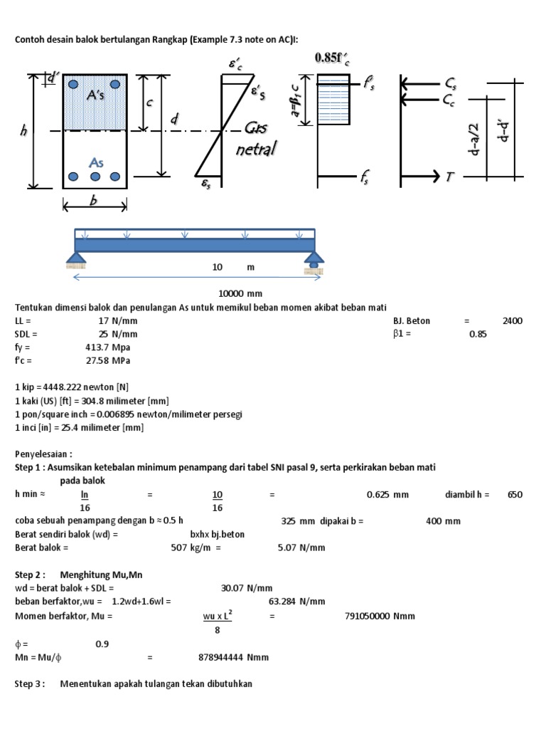 Contoh Desain Balok Tulangan Rangkap Cara 1 | PDF