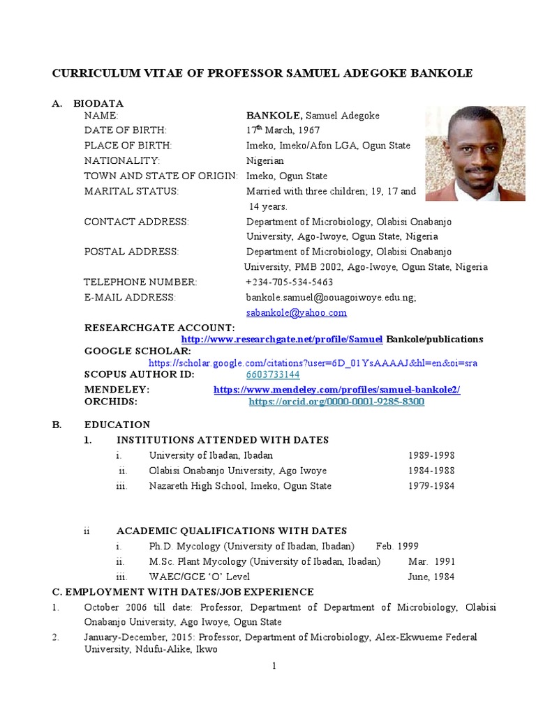 Curriculum Vitae of Professor Samuel Adegoke Bankole | PDF | Biology ...