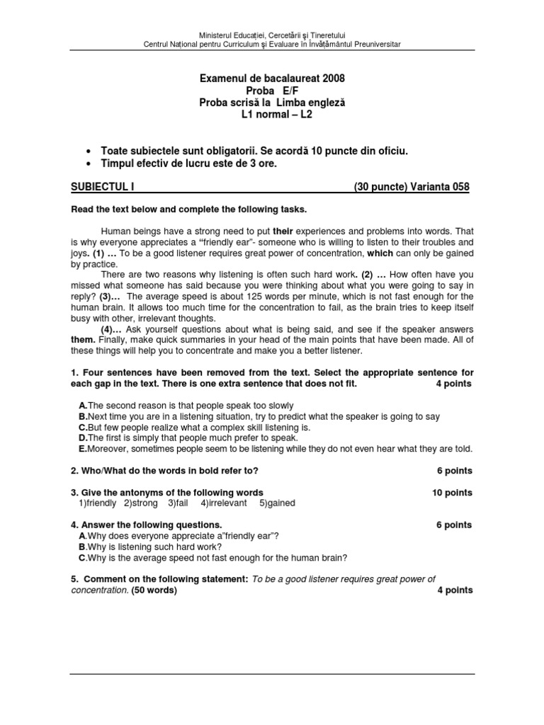 Examenul de Bacalaureat 2008 Proba E/F Proba Scris La Limba Englez L1 Normal - L2 | PDF ...