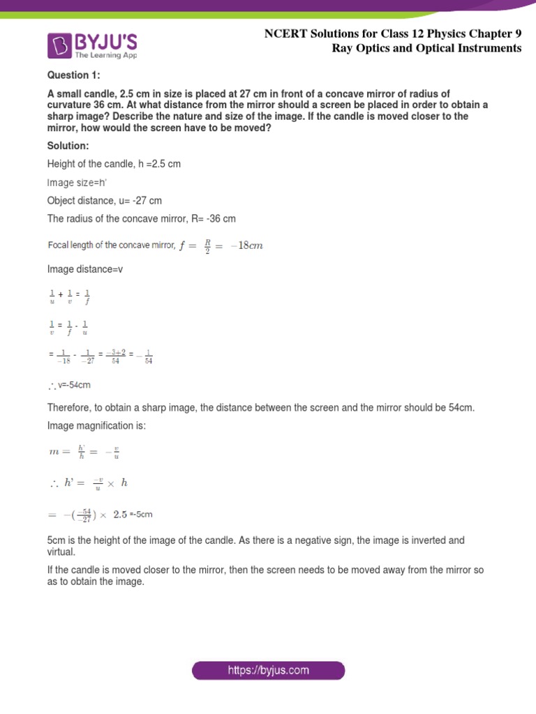 NCERT Solutions For Class 12 Physics Chapter 9 Ray Optics and Optical ...