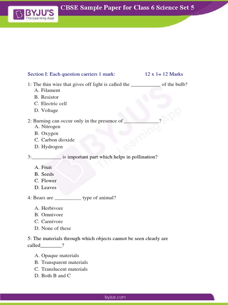 Class 6 Science Sample Paper with Answers | PDF | Incandescent Light ...