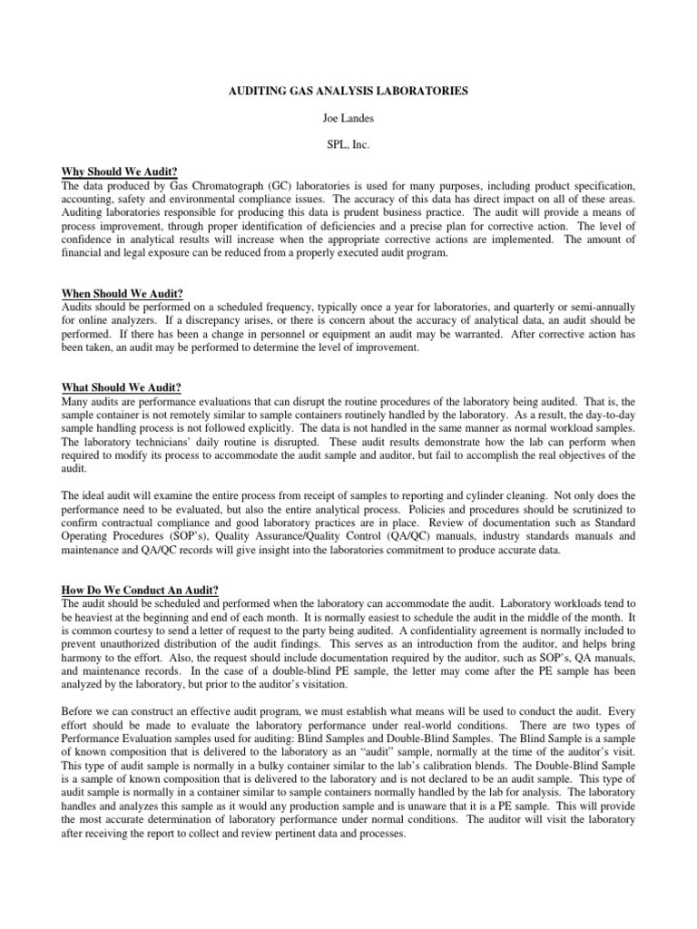 Gas Analysis Laboratory Auditing Guide | PDF | Audit | Gas Chromatography