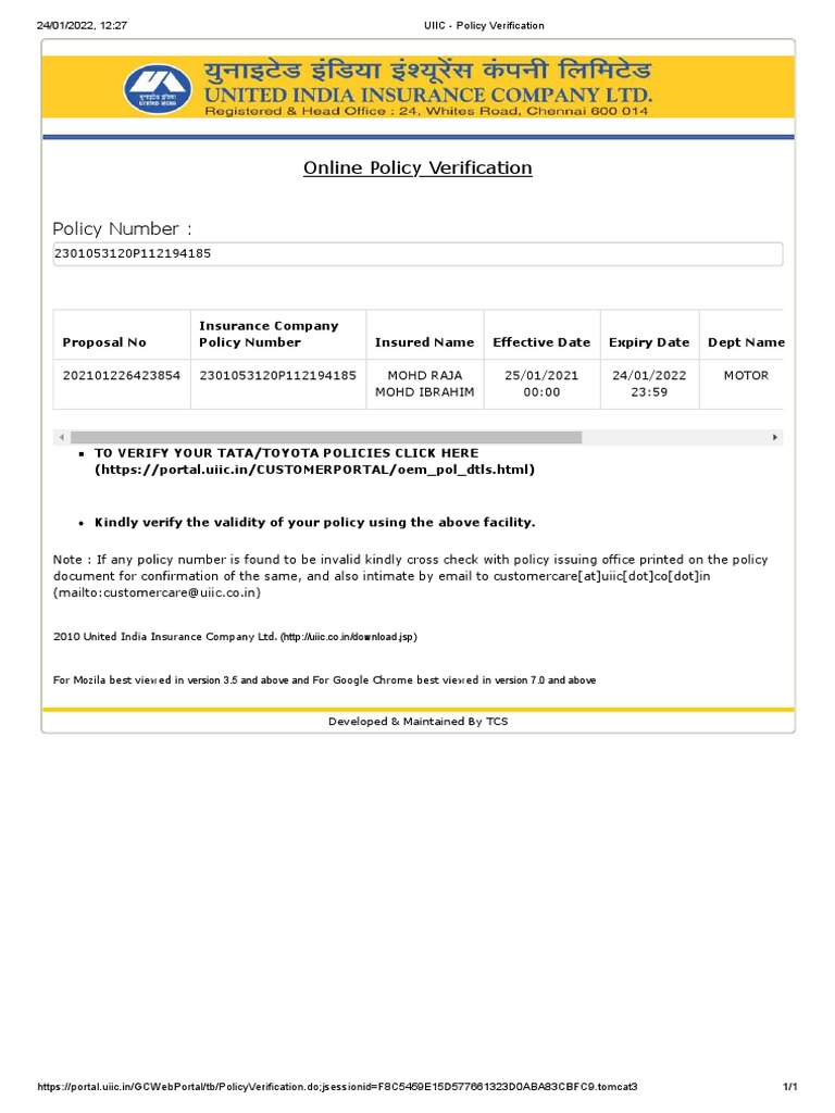 UIIC - Policy Verification | PDF