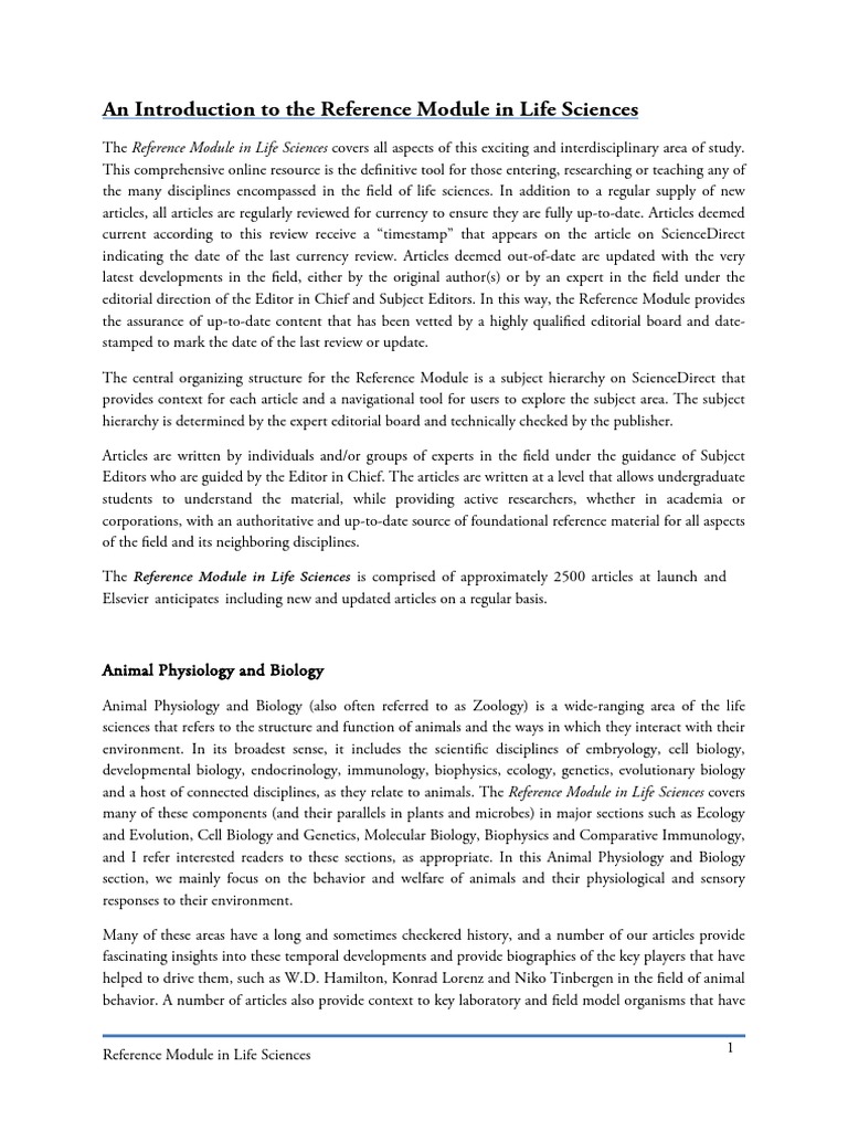 An Introduction To The Reference Module in Life Sciences: Animal ...