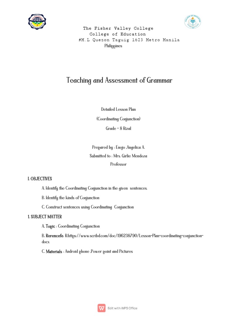 Detailed Lesson Plan Enojo (Coordinating Conjunction) | PDF