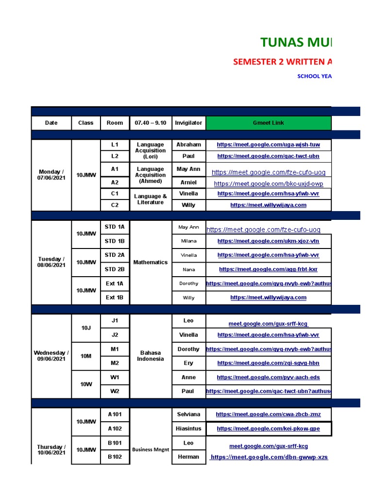 Tunas Muda School Assessment Schedule | PDF