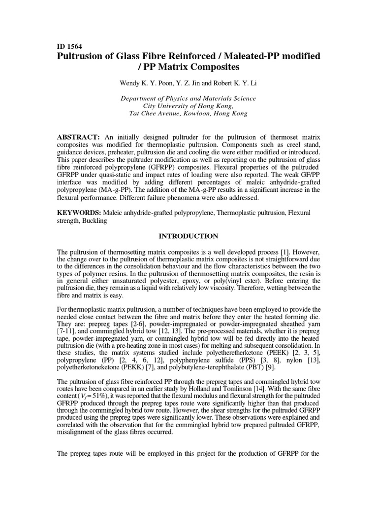 Pultrusion of Glass Fibre Reinforced Maleated-PP Modified PP Matrix ...