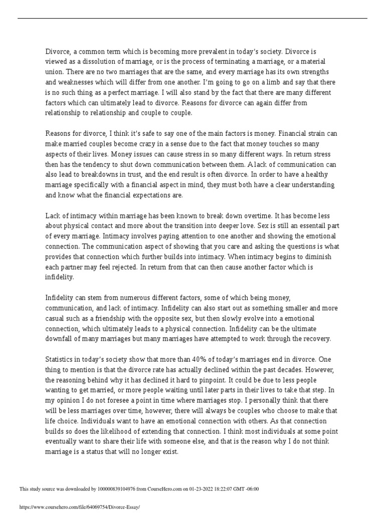 Divorce Essay | PDF | Divorce | Infidelity