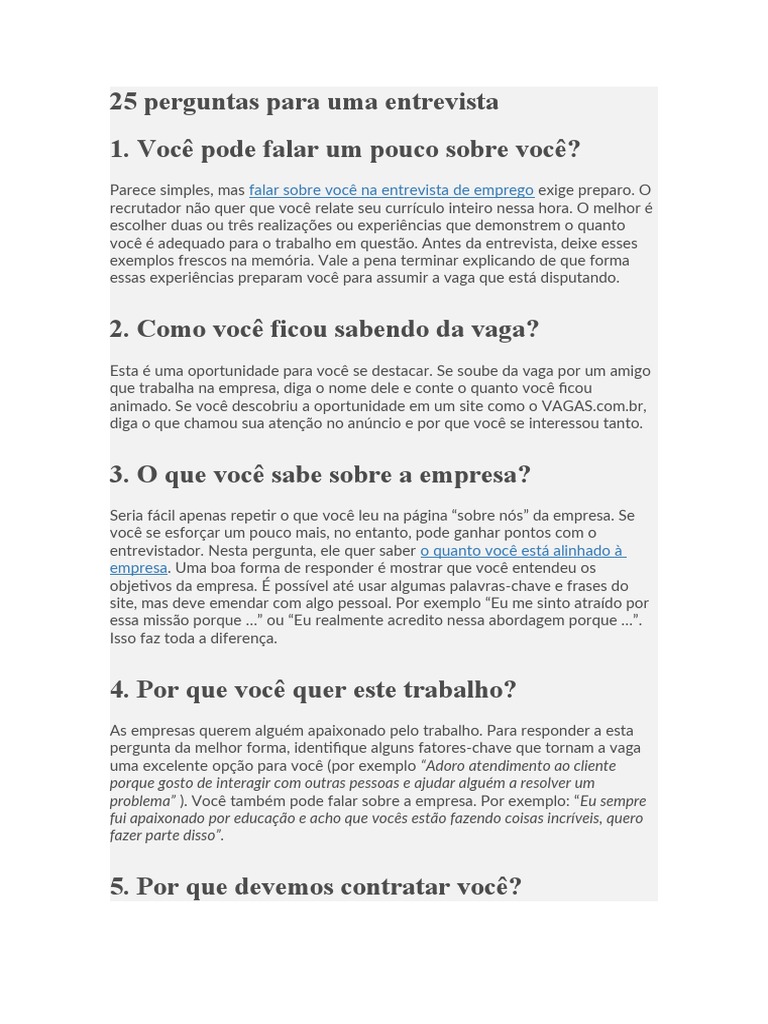 25 Perguntas para Uma Entrevista | PDF | Entrevista | Recrutamento