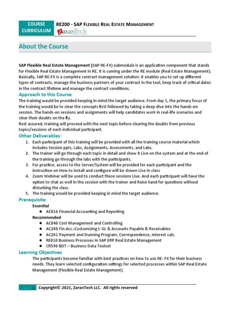 COURSE CURRICULUM - SAP Flexible Real Estate Management (SAP RE-FX) (40 ...