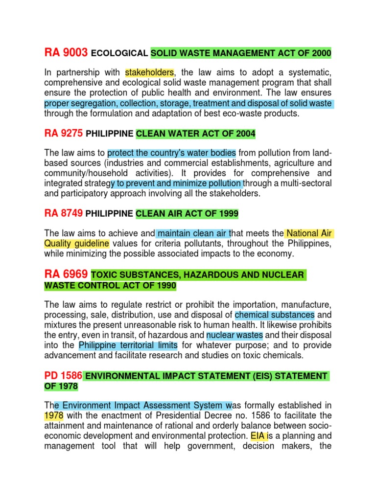 A Summary of Key Philippine Environmental Laws: RA 9003, RA 9275, RA ...