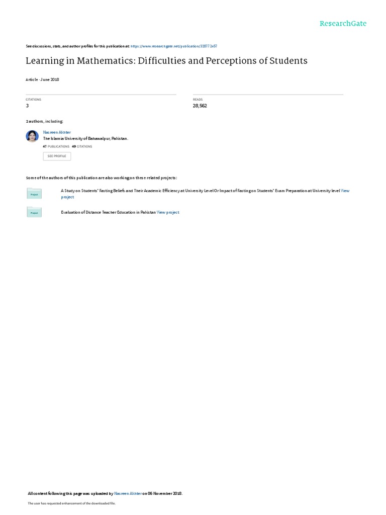 Learning in Mathematics: Difficulties and Perceptions of Students | PDF ...