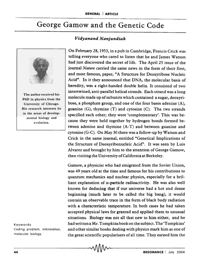 George Gamow and The Genetic Code: - 44 - R-ES-O-N-A-N-C-E - I-JU-I-y-2 ...