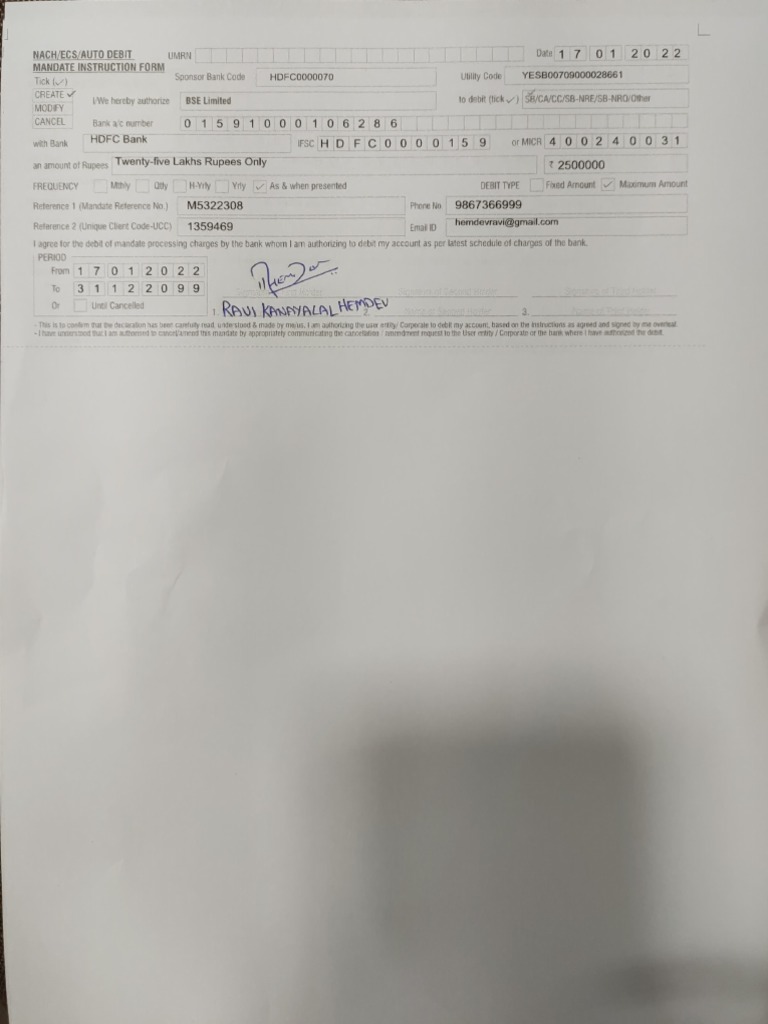 Ifsc H Dfco0 or Micr: Mandate Instruction Form | PDF | Banking ...