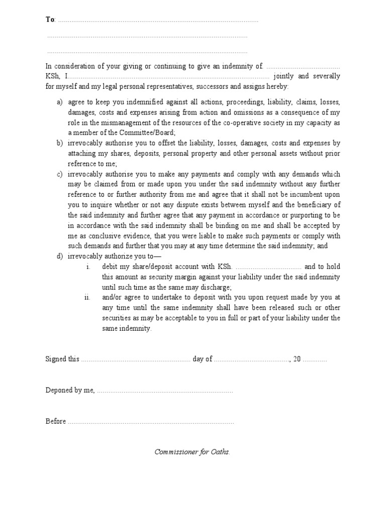 Indemnity Agreement for Cooperative Society Board Member Regarding ...