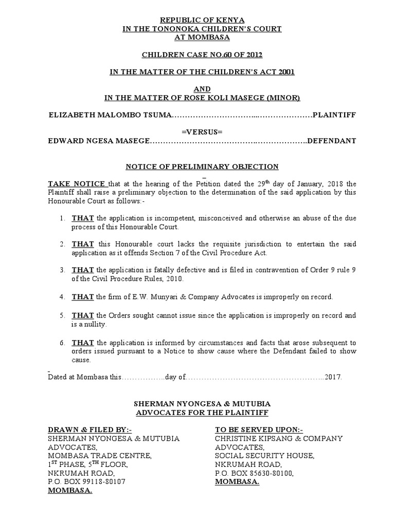 Notice of Preliminary Objection | PDF | Lawsuit | Legal Procedure