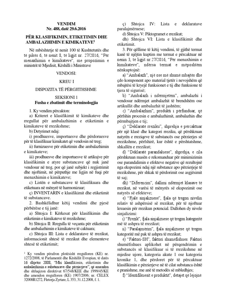 VKM Nr. 488 Datë 29.6.2016 Për Klasifikimin Etiketimin Dhe Ambalazhimin e Kimikateve | PDF