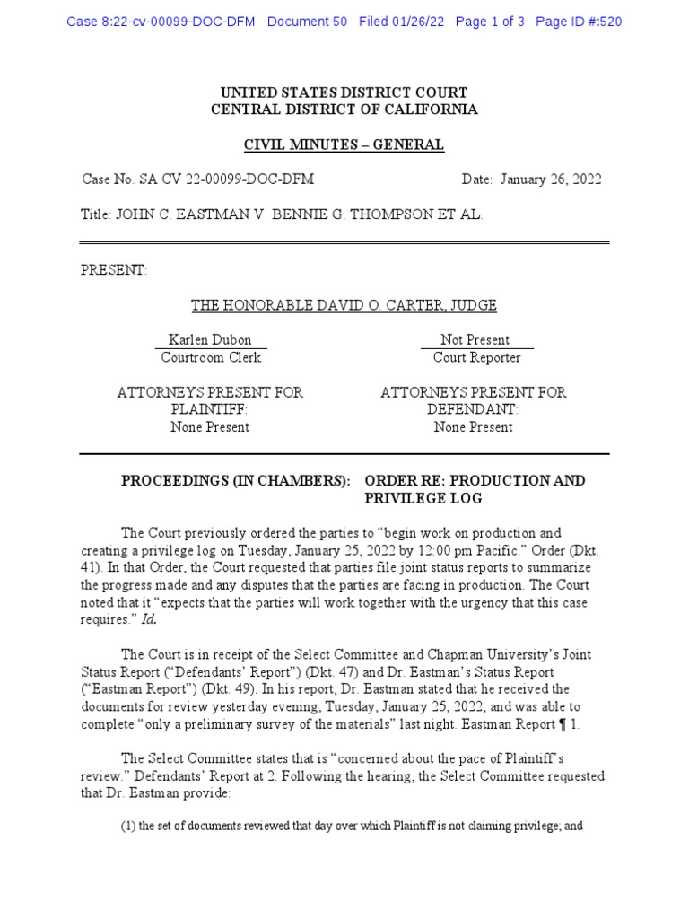 Eastman Privilege Log Order Details | PDF | Discovery (Law) | Justice