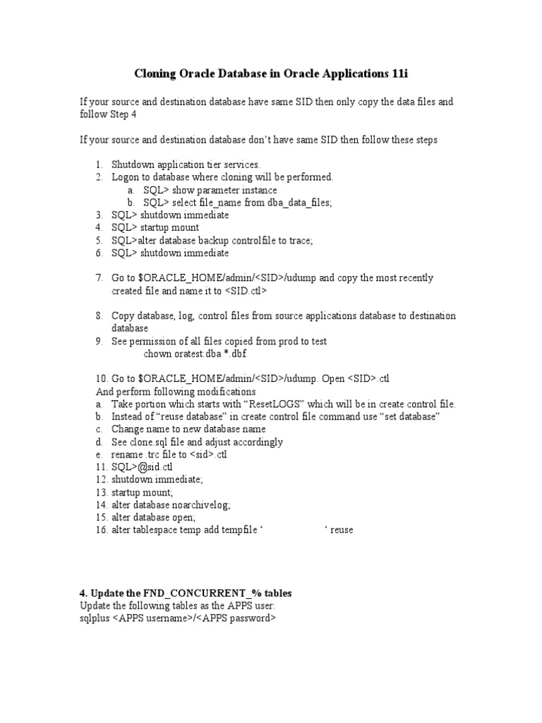 Cloning Oracle Database In Oracle Applications 11i 4 Update The Fnd Concurrent Tables
