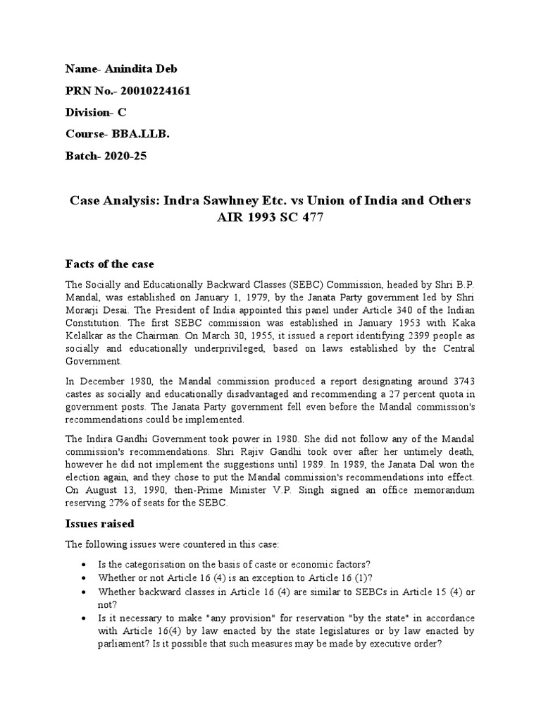 Indra Sawhney Case Analysis Summary | PDF | Public Law | Government Of ...