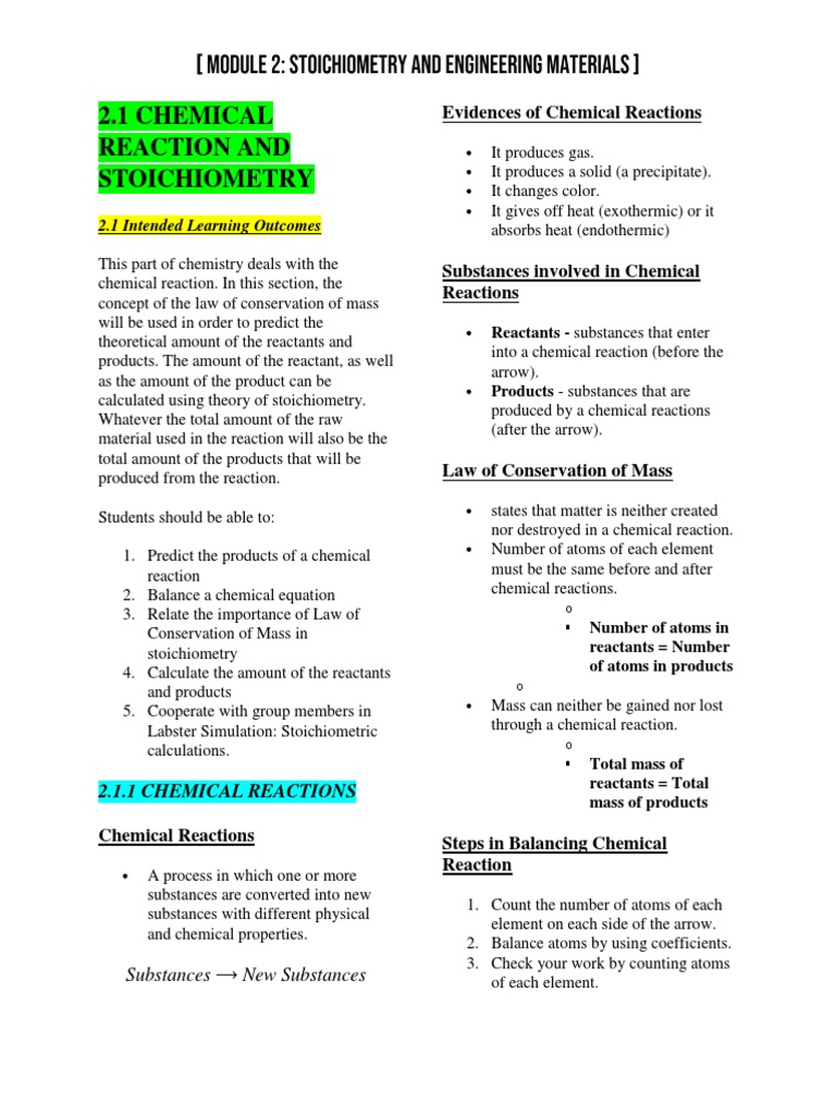 (Module 2) Chemical Reaction and Stoichiometry | PDF | Mole (Unit) | Metals