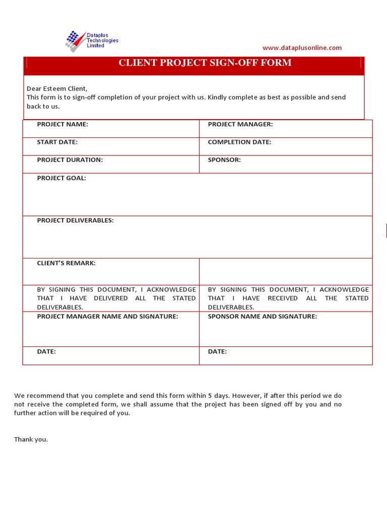 Client Project Sign-Off Form: Project Name: Project Manager | PDF