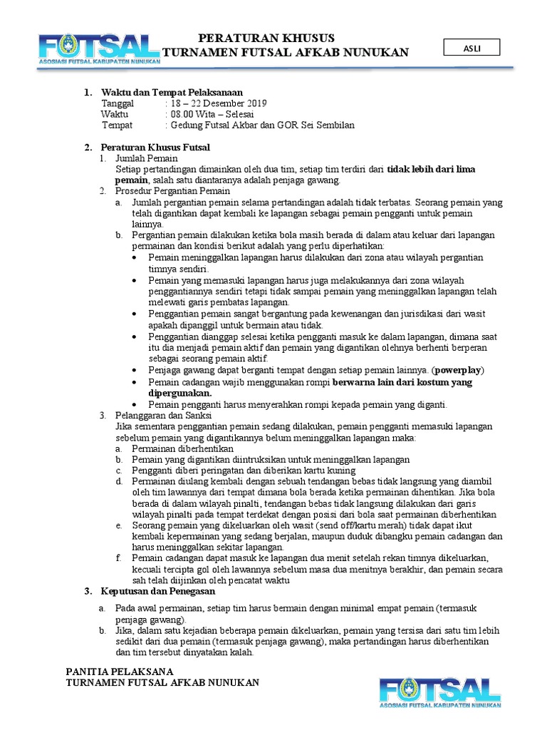 Peraturan Futsal Turnamen Afkab 2019 | PDF