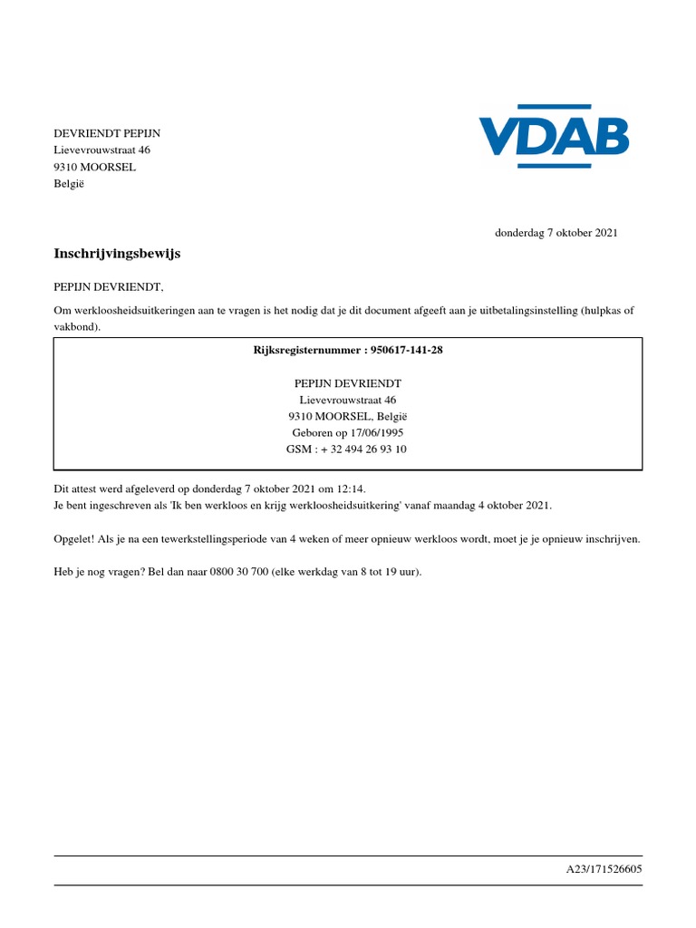Inschrijvingsbewijs VDAB | PDF