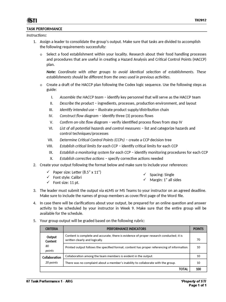 07 Task Performance 1 - ARG-unlocked | PDF | Hazard Analysis And Critical Control Points