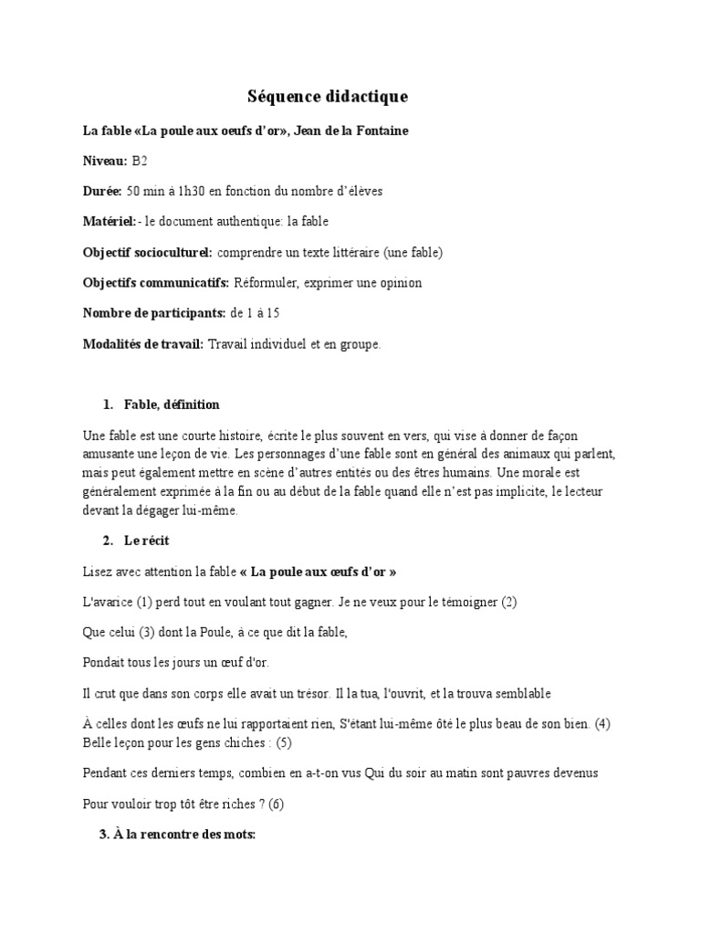 Sequence Didactique Comprendre Une Fable b2 | PDF | Fable | Fables de ...