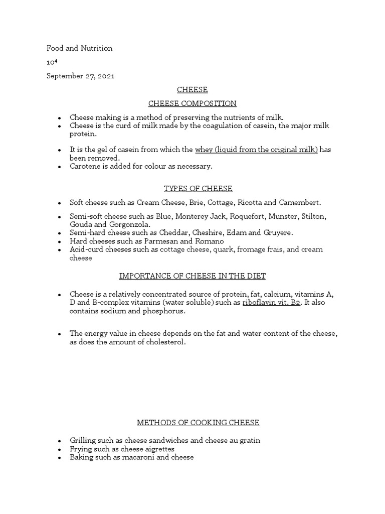 Nutrition and Types of Cheese | PDF | Cheese | Milk