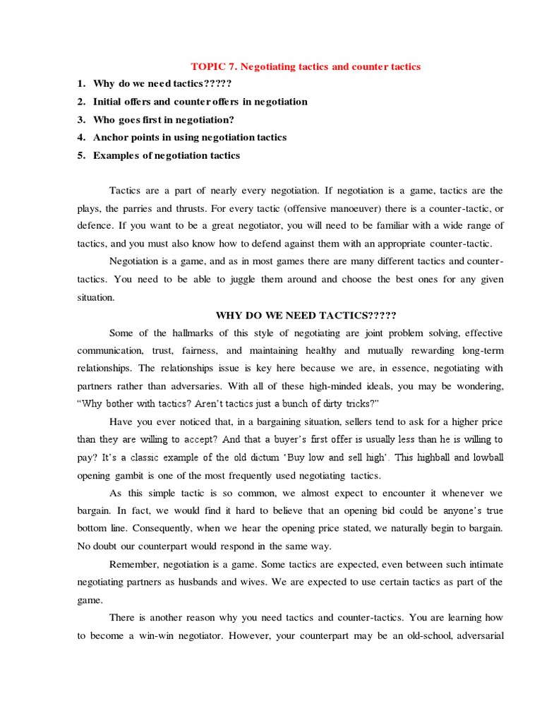 TOPIC 7. Negotiating Tactics and Counter Tactics | PDF | Negotiation ...