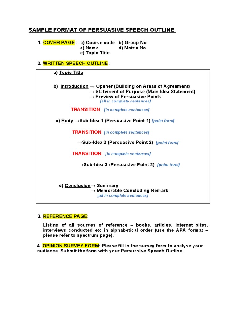 Sample Format of Persuasive Speech Outline: Transition | PDF
