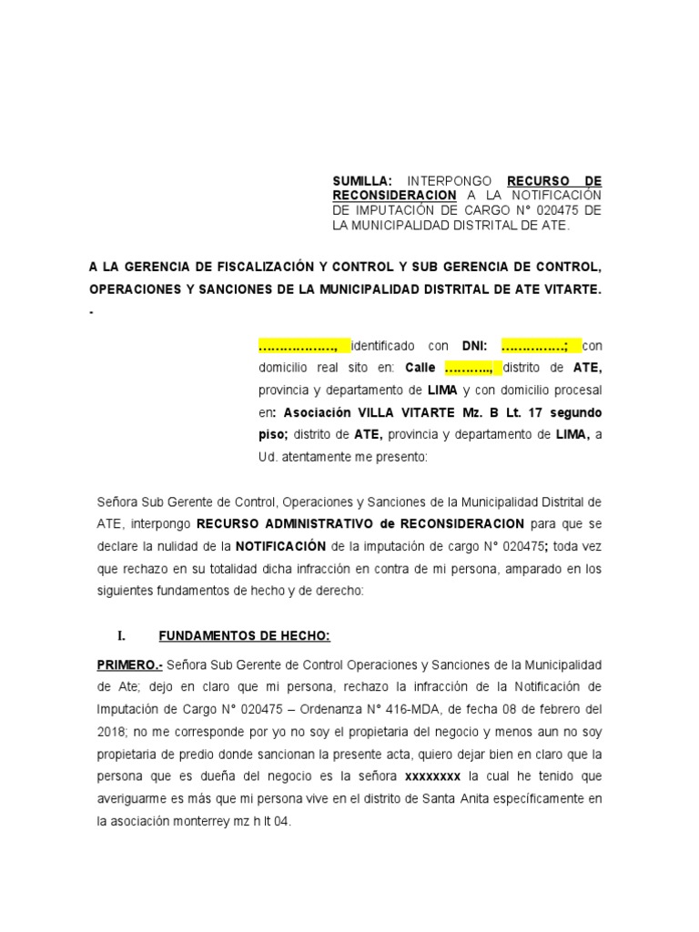 Modelo de Recurso de Reconsideracion | PDF | Derecho Constitucional | Demanda judicial