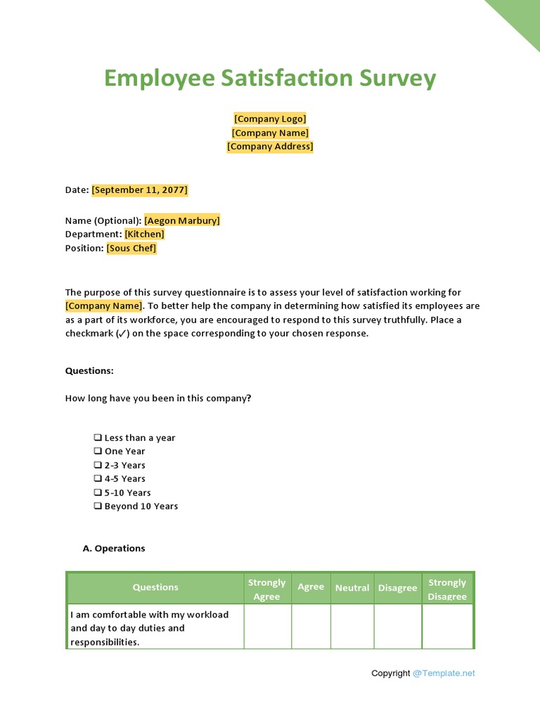 Employee Satisfaction Survey Template A4 | PDF | Employment | Economies