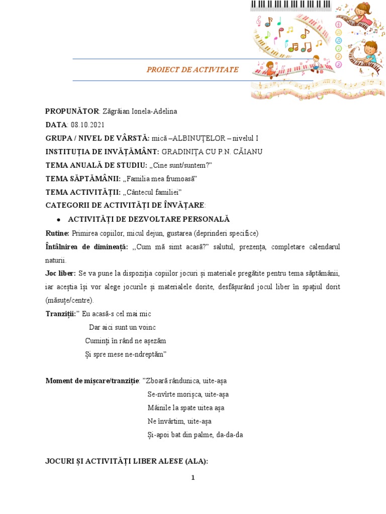 Proiect de Activitate-Vineri 08.10.2021 | PDF