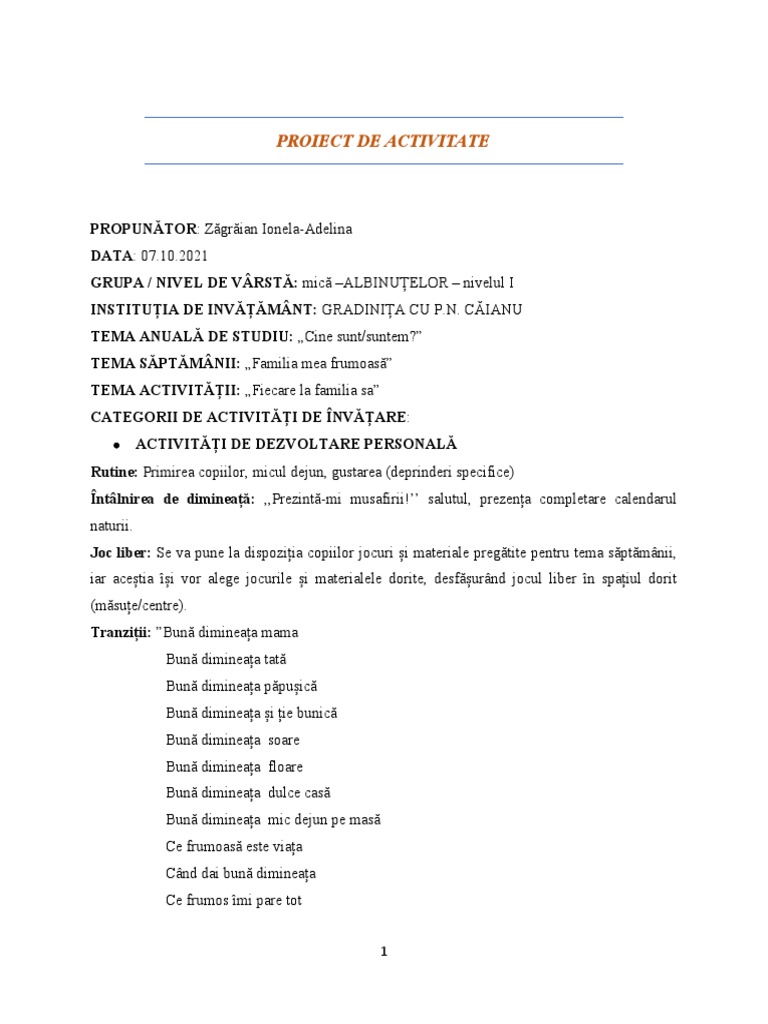 Proiect de Activitate-Joi 07.10.2021 | PDF