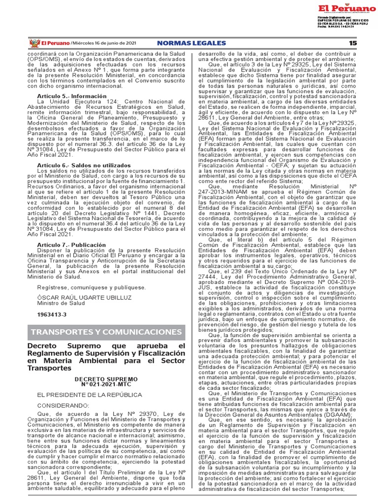 DS 021-2021-MTC - PDF Fiscalización MTC | PDF | Regulación | Política