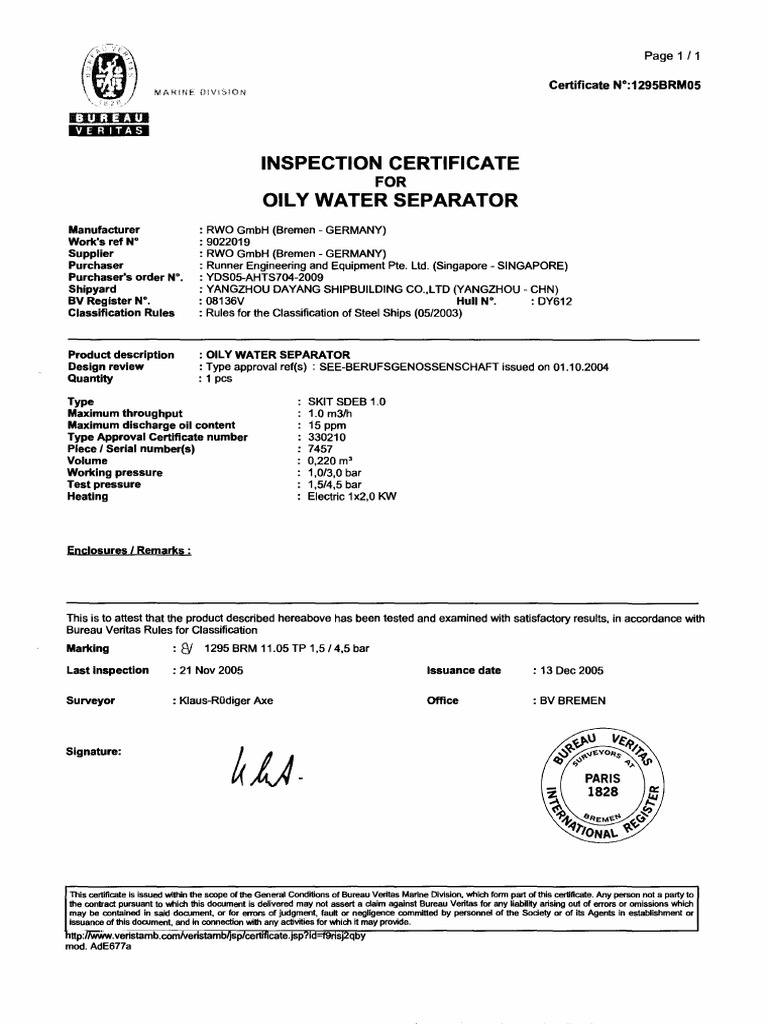 Oily Water Separator Inspection Certificate | PDF